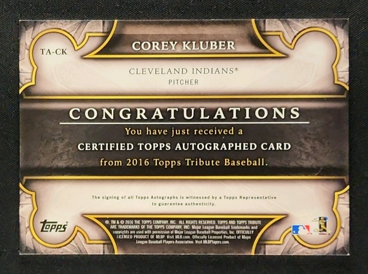 2016 Topps Tribute Autographs Corey Kluber AUTO /199 #TA-CK MBA AUTH on ...