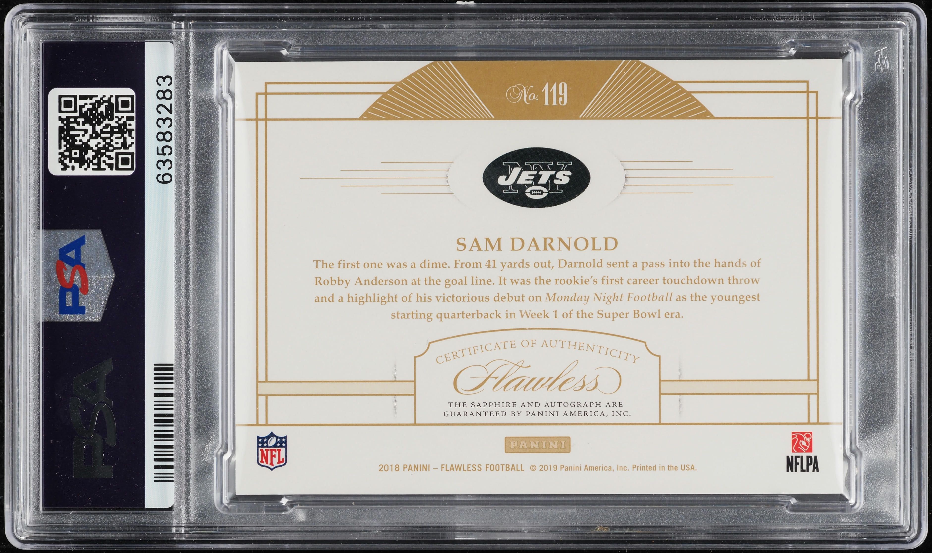 2018 Panini Flawless Gem Sapphire Sam Darnold ROOKIE AUTO /15 #119 PSA ...