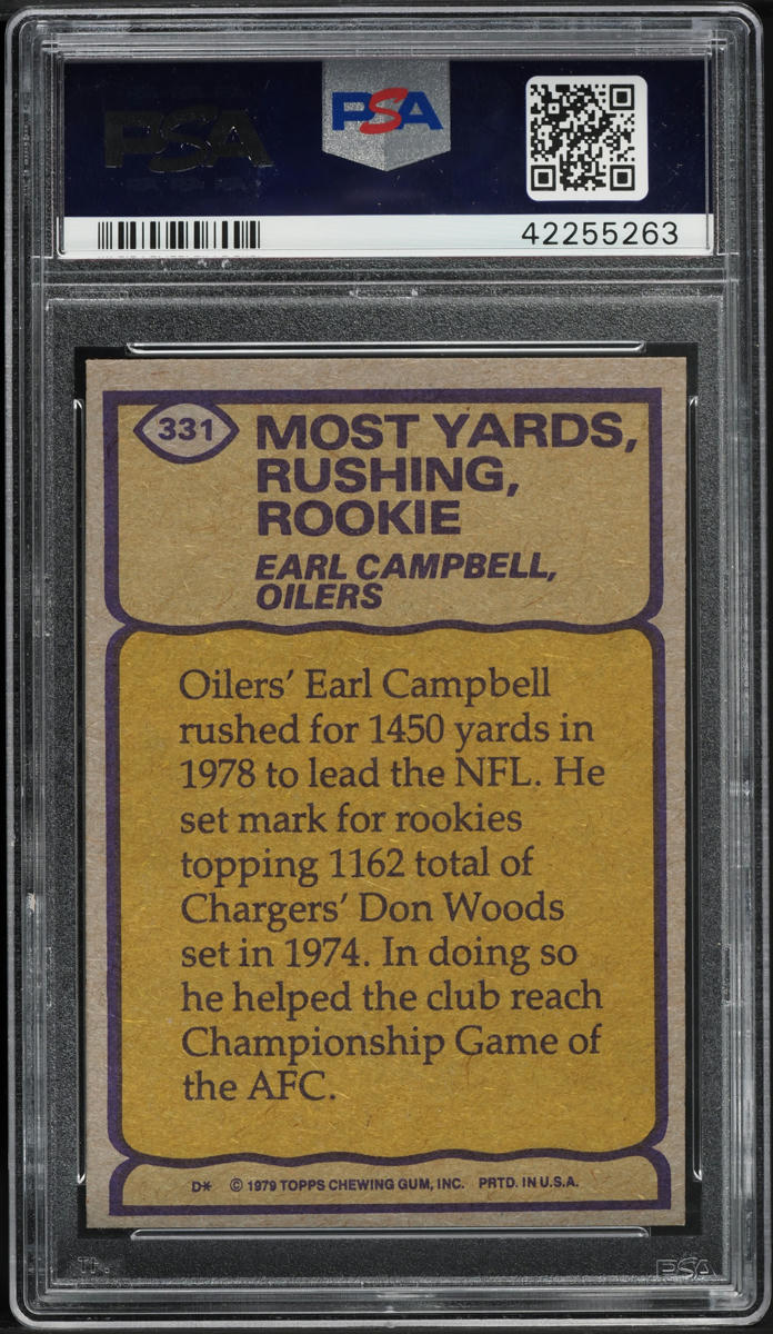 1979 Topps Football Earl Campbell ROOKIE, RECORD BREAKER #331 PSA 10 ...