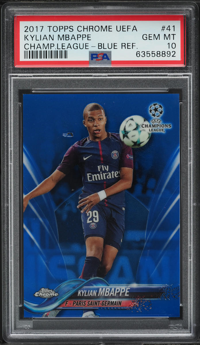 2017 Topps Chrome UEFA Blue Refractor Kylian Mbappe ROOKIE /150 #41 PSA ...