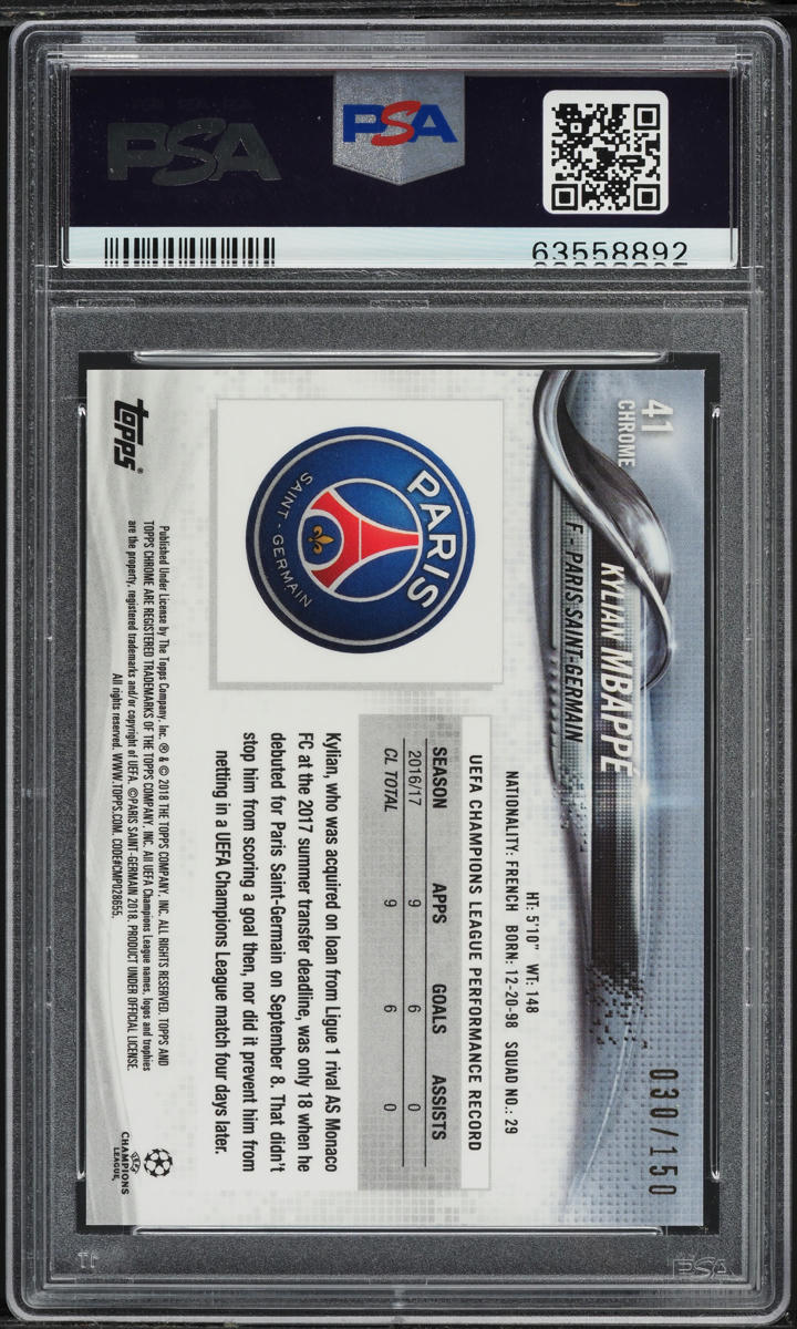 2017 Topps Chrome UEFA Blue Refractor Kylian Mbappe ROOKIE /150 #41 PSA ...