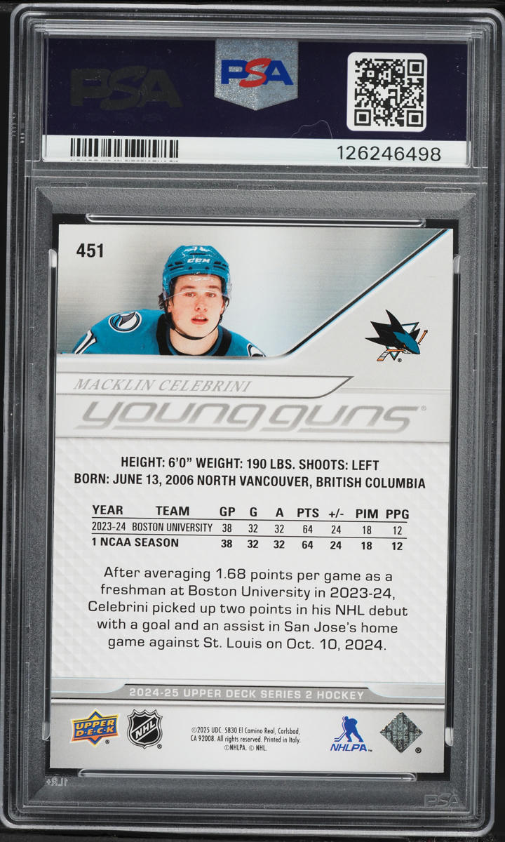 2024 Upper Deck Young Guns Macklin Celebrini ROOKIE #451 PSA 9 MINT on ...