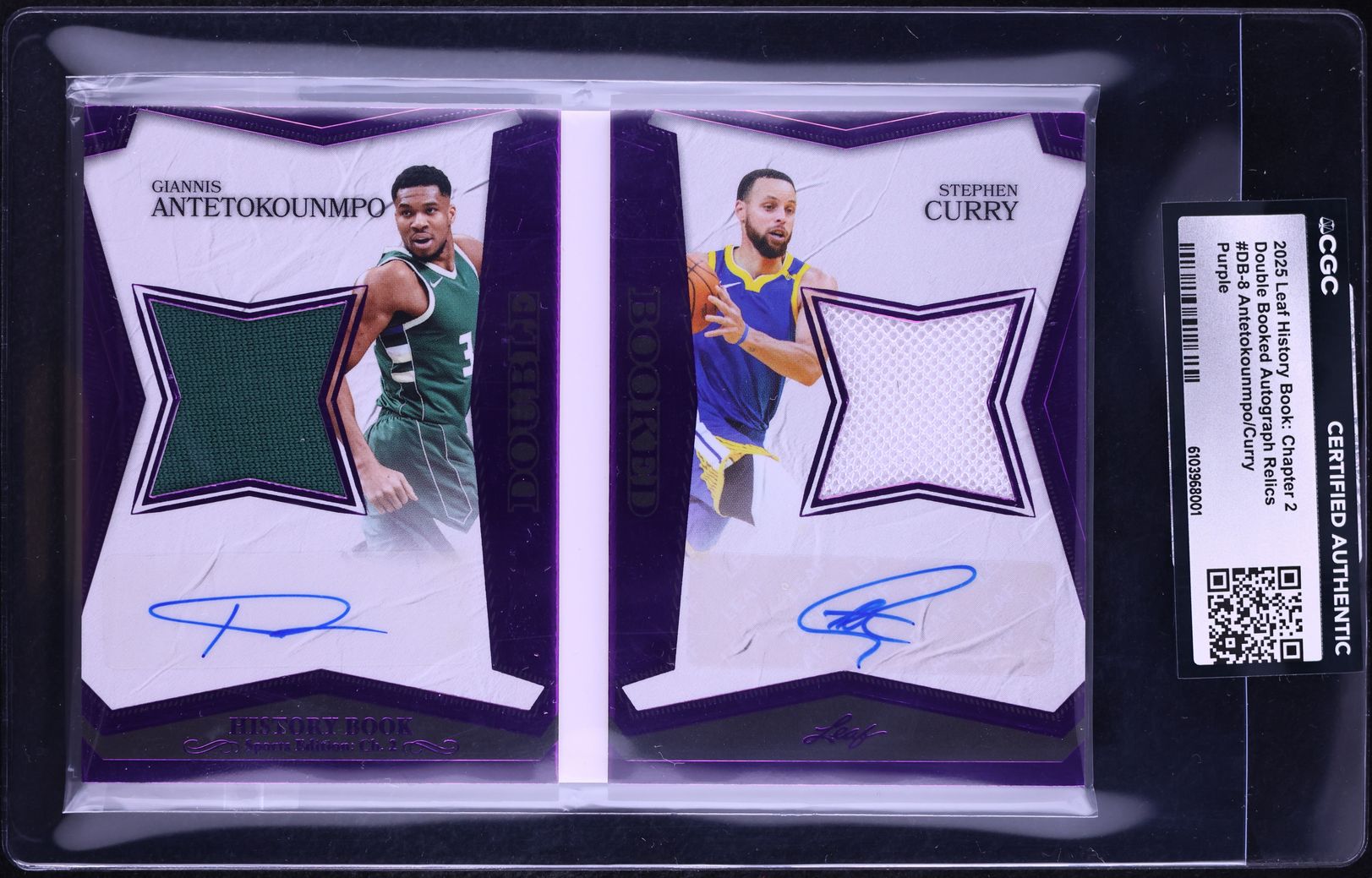 2025 Leaf History Book 2 Double Booked Purple Antetokounmpo Curry PATCH AUTO 1/8 CGC AUTH on ...