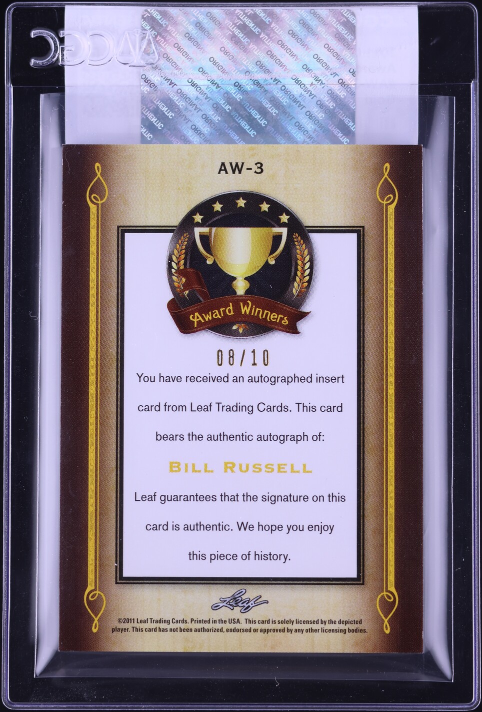 2011 Leaf Legends Of Sport Award Winners Gold Bill Russell AUTO /10 #AW ...