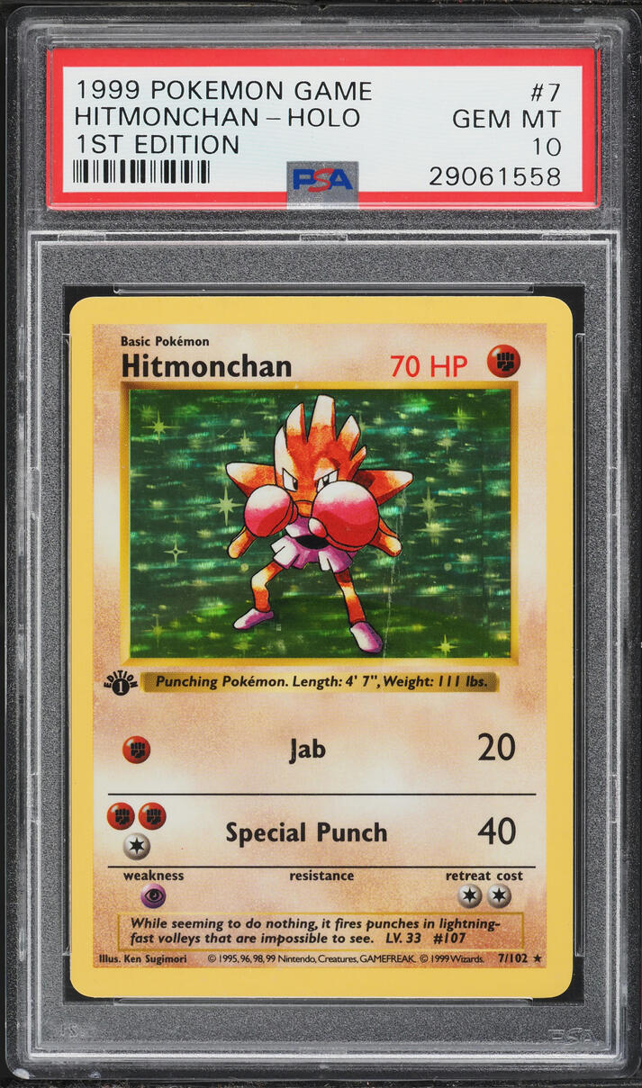 1999 Pokemon Base Set Shadowless 1st Edition Holo Hitmonchan #7 PSA 10 ...