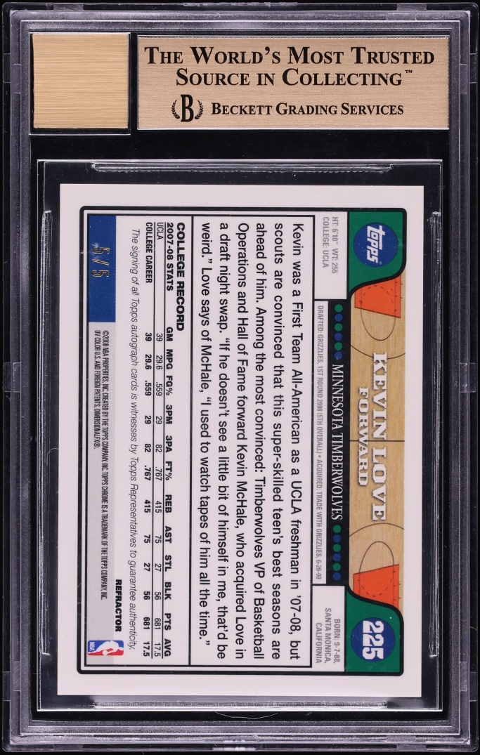 2008 Topps Chrome Gold Refractor Kevin Love ROOKIE AUTO 5/5 #225 BGS 9. ...