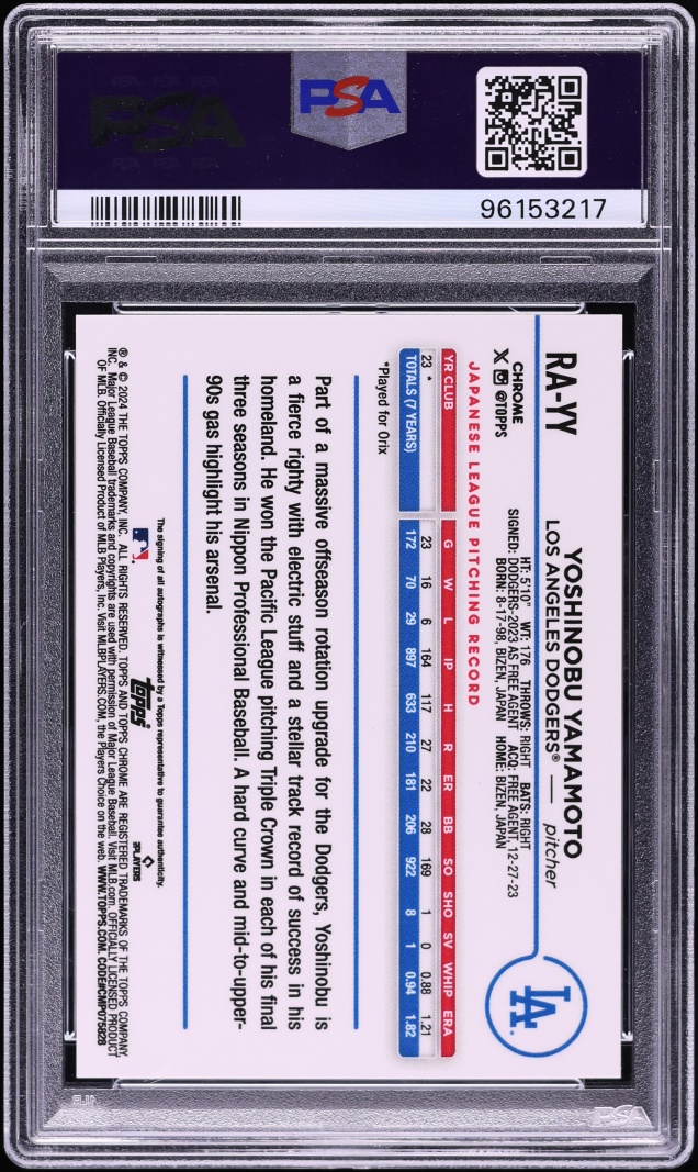 2024 Topps Chrome Yoshinobu Yamamoto ROOKIE AUTO #RAYY PSA 10 GEM MINT ...