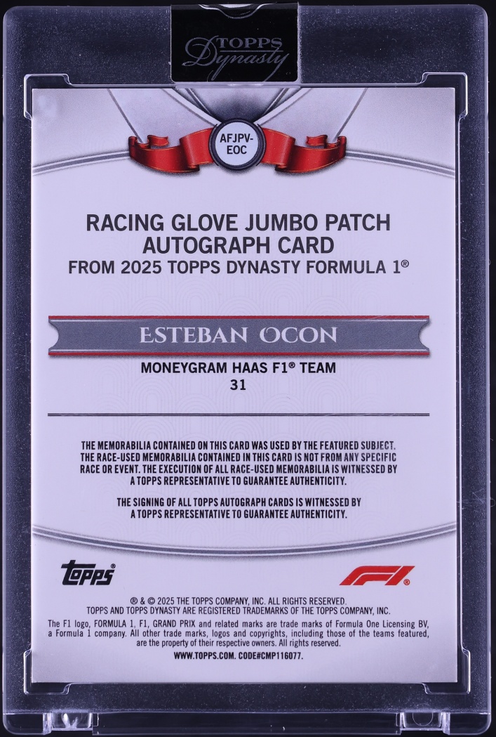 2025 Topps Dynasty Formula 1 F1 Racing Glove Jumbo Esteban Ocon PATCH ...